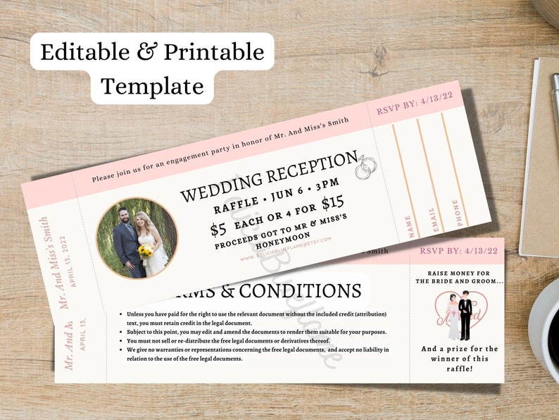 Pink Peach Wedding Raffle Ticket Template (editable in Canva) - Etsy