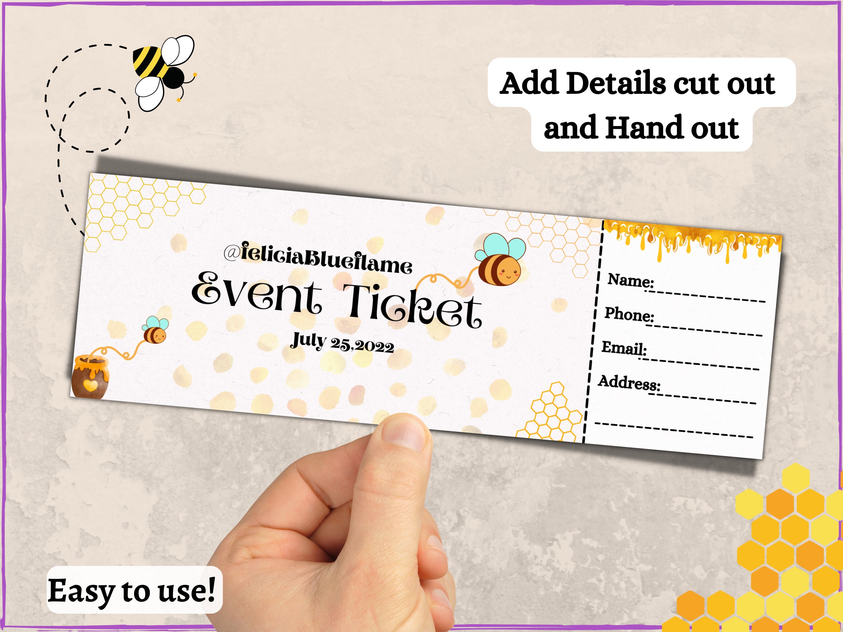 Yellow Ticket, Bee, Editable Raffle Template Ticket, Diy Ticket, Custom ...