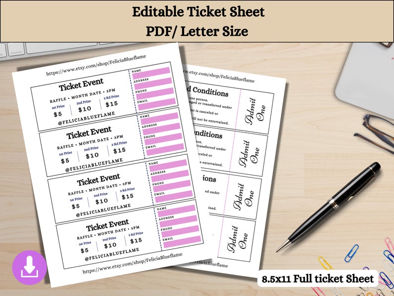 Pink and White Ticket, Blank Editable Raffle Template Ticket, Diy ...