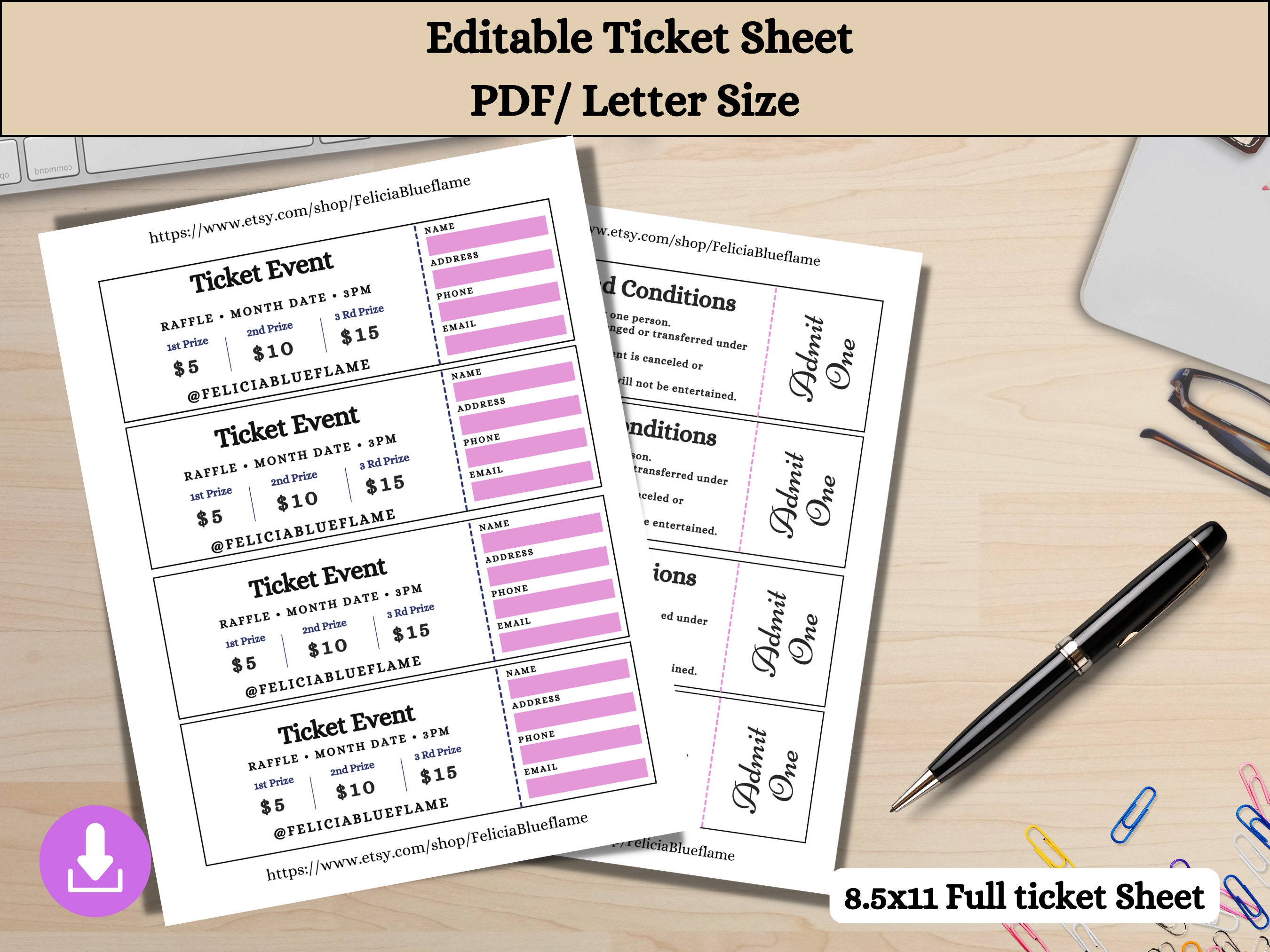 Pink and White Ticket, Blank Editable Raffle Template Ticket, Diy ...