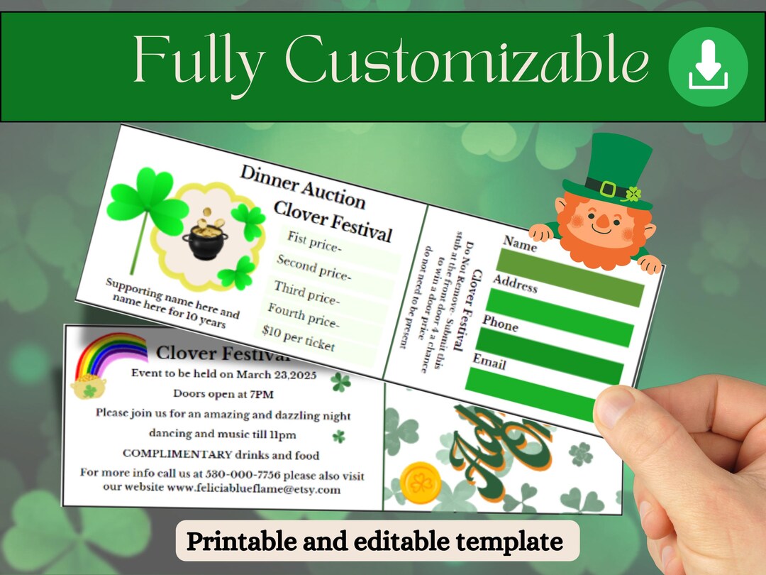 St. Patrick's Day Raffle Ticket Template: DIY Clover Festival (digital ...
