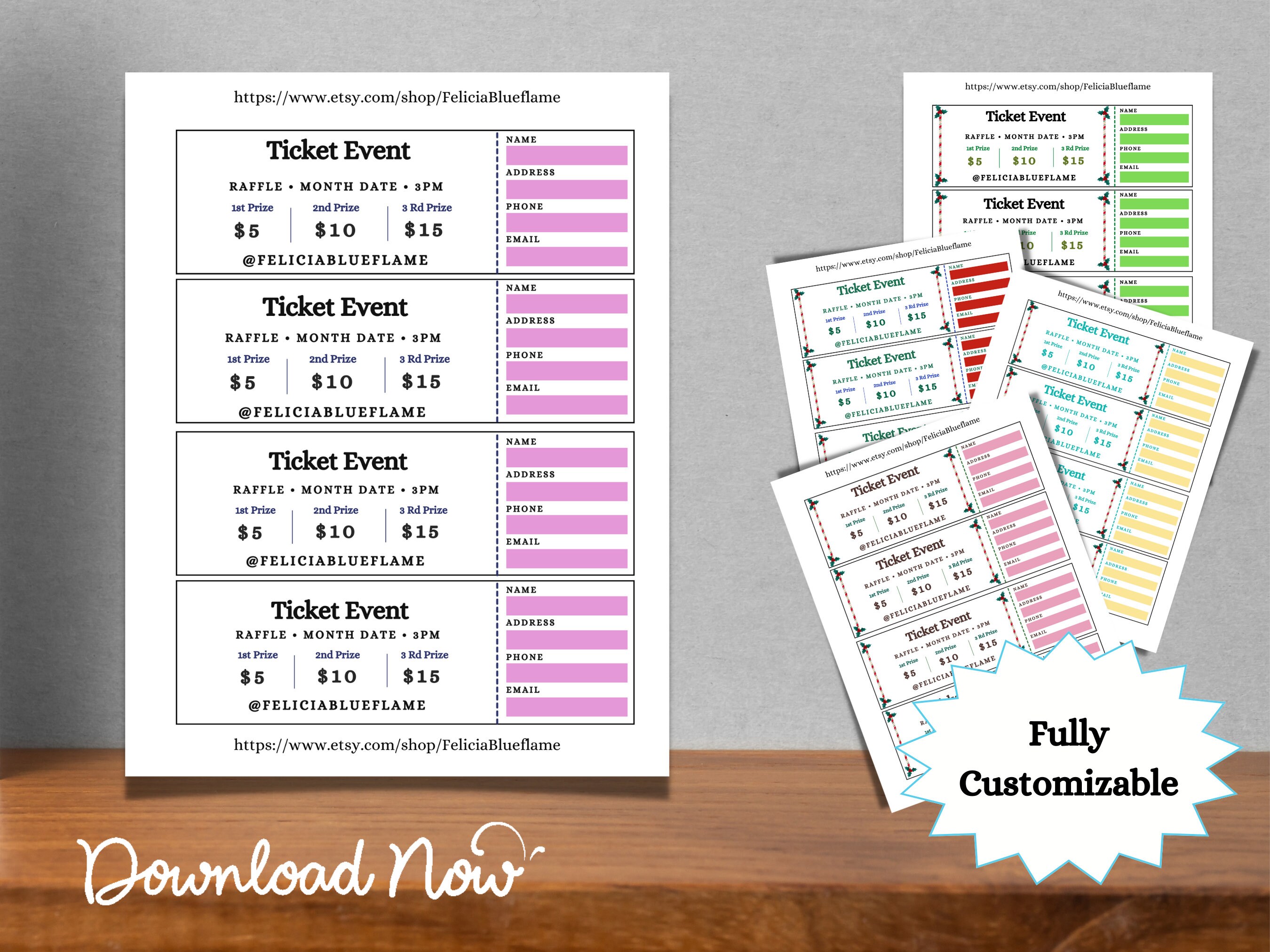 Pink and White Ticket, Blank Editable Raffle Template Ticket, Diy ...