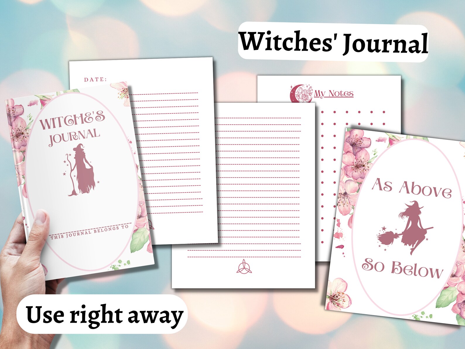 Pink and White, Witches' Journal, Minimal Digital Journal, Witchy ...
