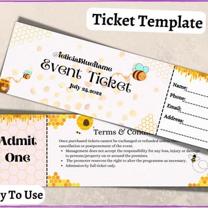 Yellow Ticket, Bee, Editable Raffle Template Ticket, Diy Ticket, Custom ...