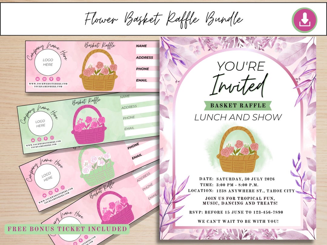 Flower Basket Raffle Ticket & Flyer | Editable Canva Template | DIY ...