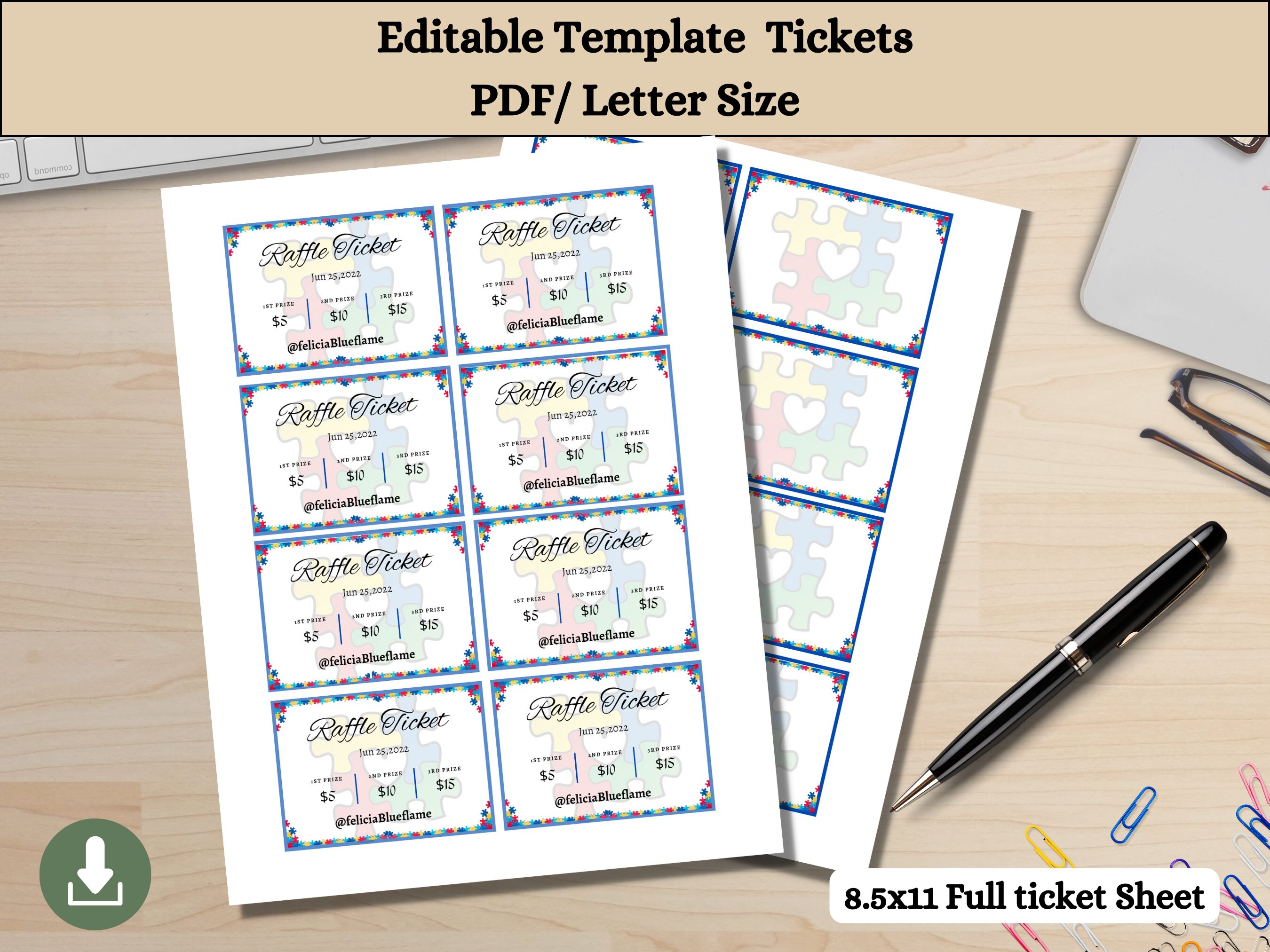 Blue & White Raffle Ticket Template: DIY Custom Ticket (digital ...