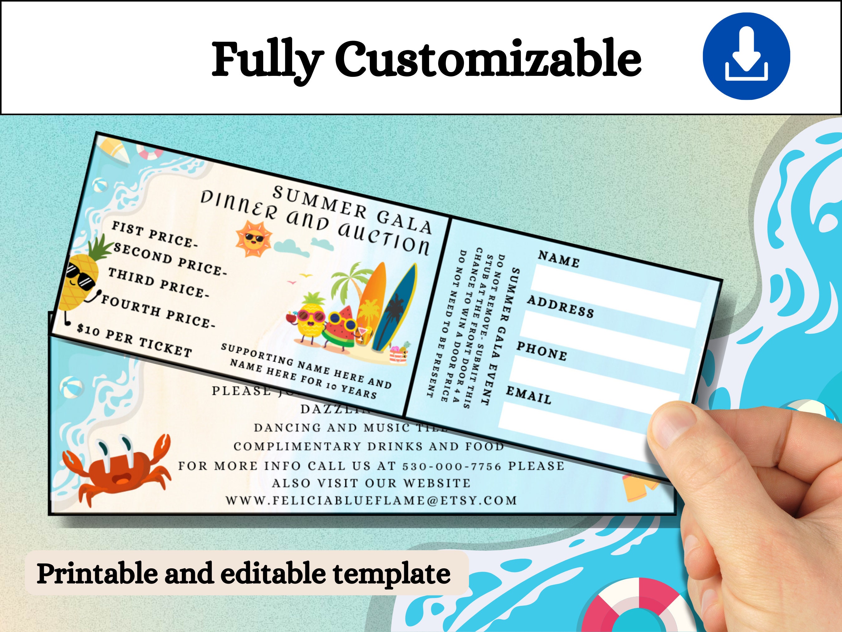 Summer Gala Ticket, Editable Template Ticket, Diy Ticket, Custom Ticket ...