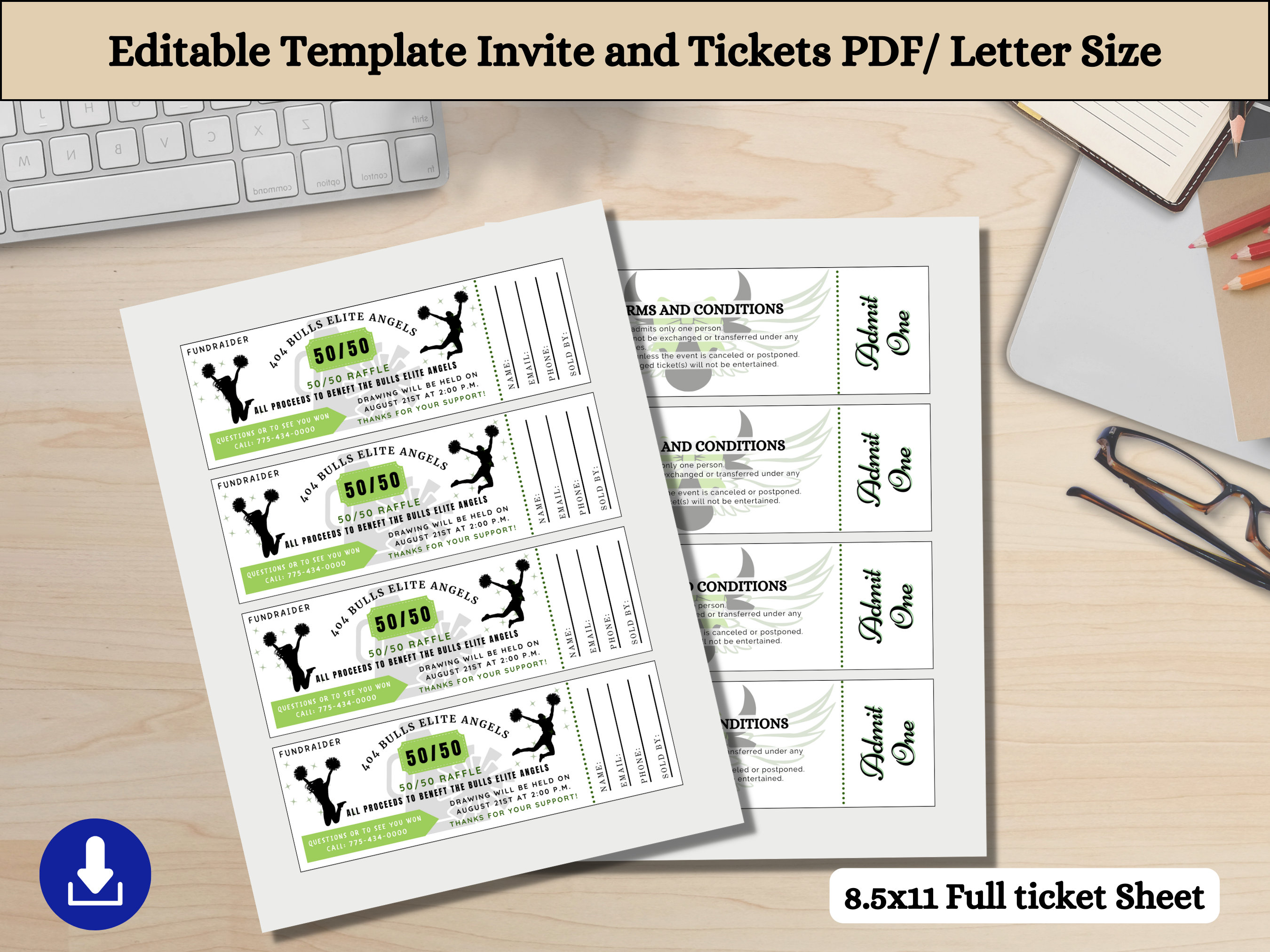 50/50 Raffle, Cheerleading Ticket, Editable Raffle Template Ticket, Diy ...