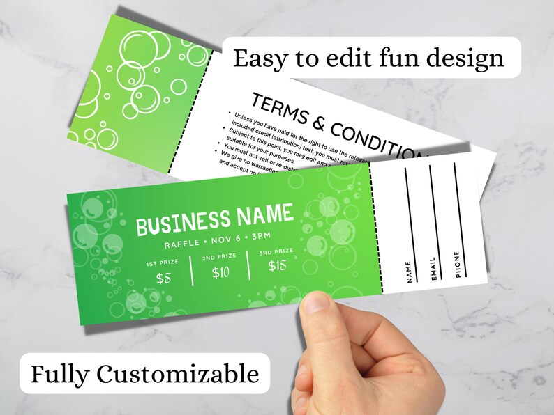Green and Yellow Ticket, Blank Editable Raffle Template Ticket, Diy ...
