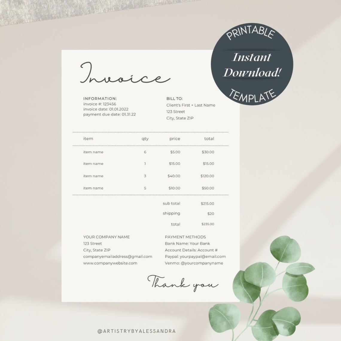 Sleek Modern Editable Invoice Template | Printable Invoice Form ...