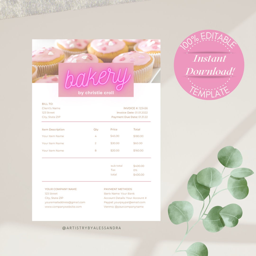 Enchanting Bakery Invoice | Boho Small Business | Modern Client Invoice ...