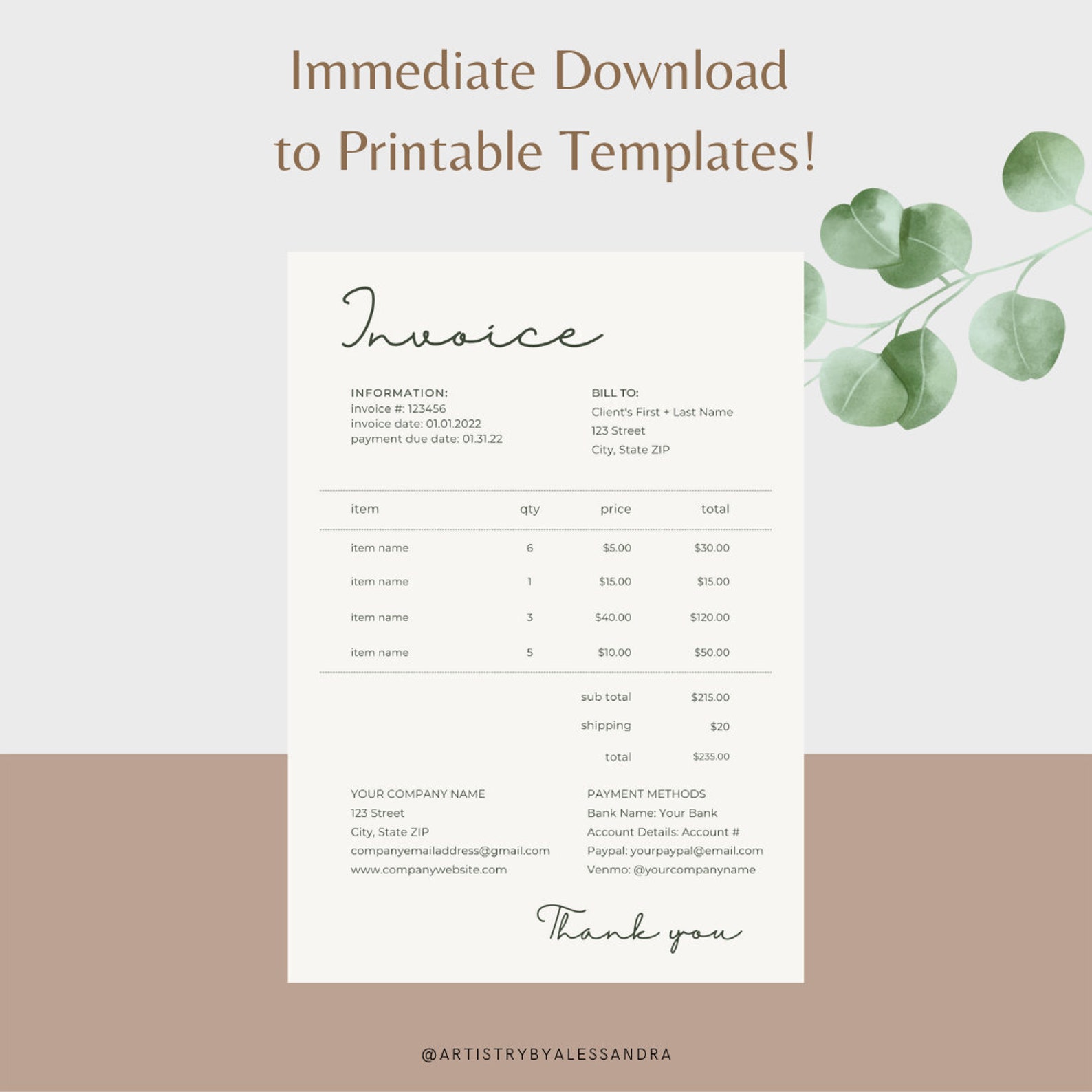 Sleek Modern Editable Invoice Template | Printable Invoice Form ...