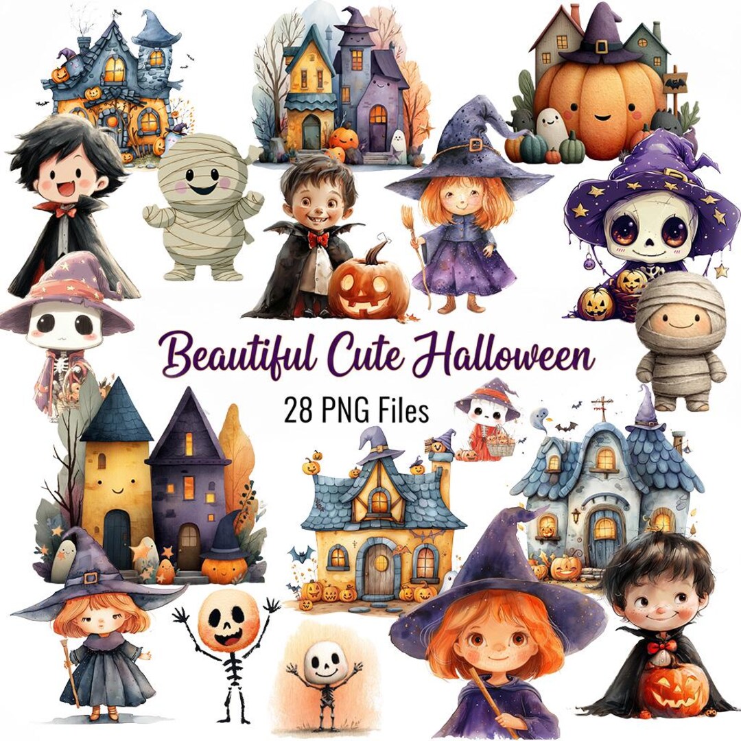 Kawaii Halloween Clipart: Spooky Watercolor PNG Graphics (28 Files) - Etsy