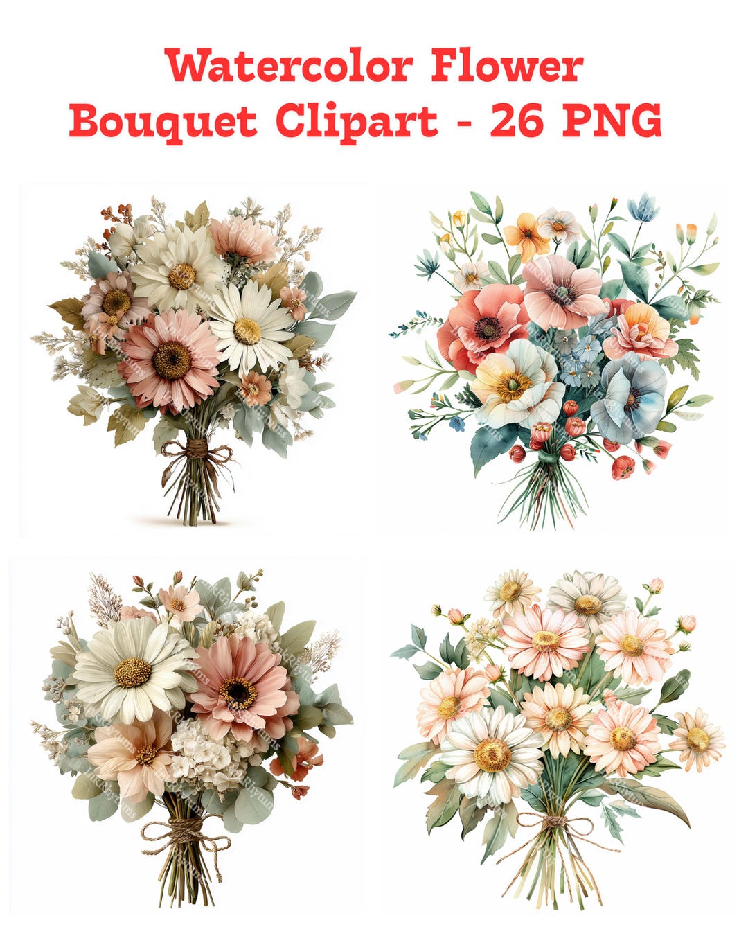 Watercolor Flower Bouquet Clipart - 26 PNG Floral Bundle Images - Etsy