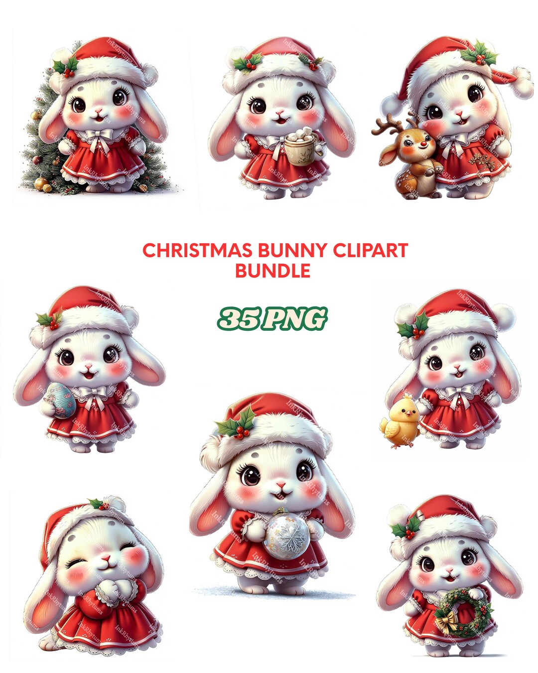Christmas Bunny Clipart Bundle 35 PNG, Watercolor Baby Rabbit Graphics ...