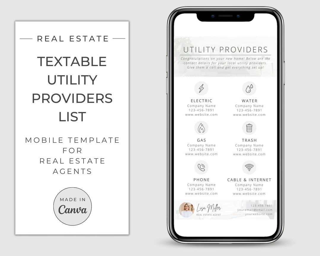 Textable Utility Providers List / Canva Real Estate Template - Etsy