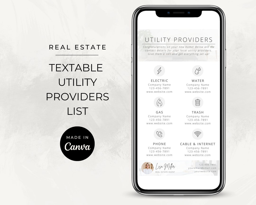 Textable Utility Providers List / Canva Real Estate Template for Phone ...