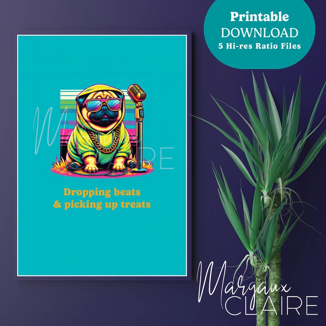 Neon Animals Collection, Thug Pug, Printable Wall Art, Cartoon, Funny ...