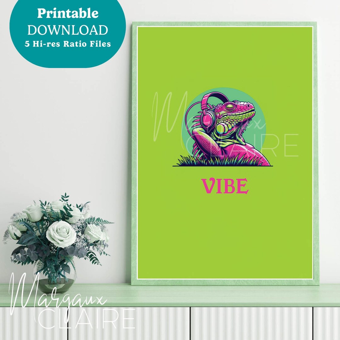 Neon Animals Collection, Iguana Vibing, Printable Wall Art, Cartoon ...