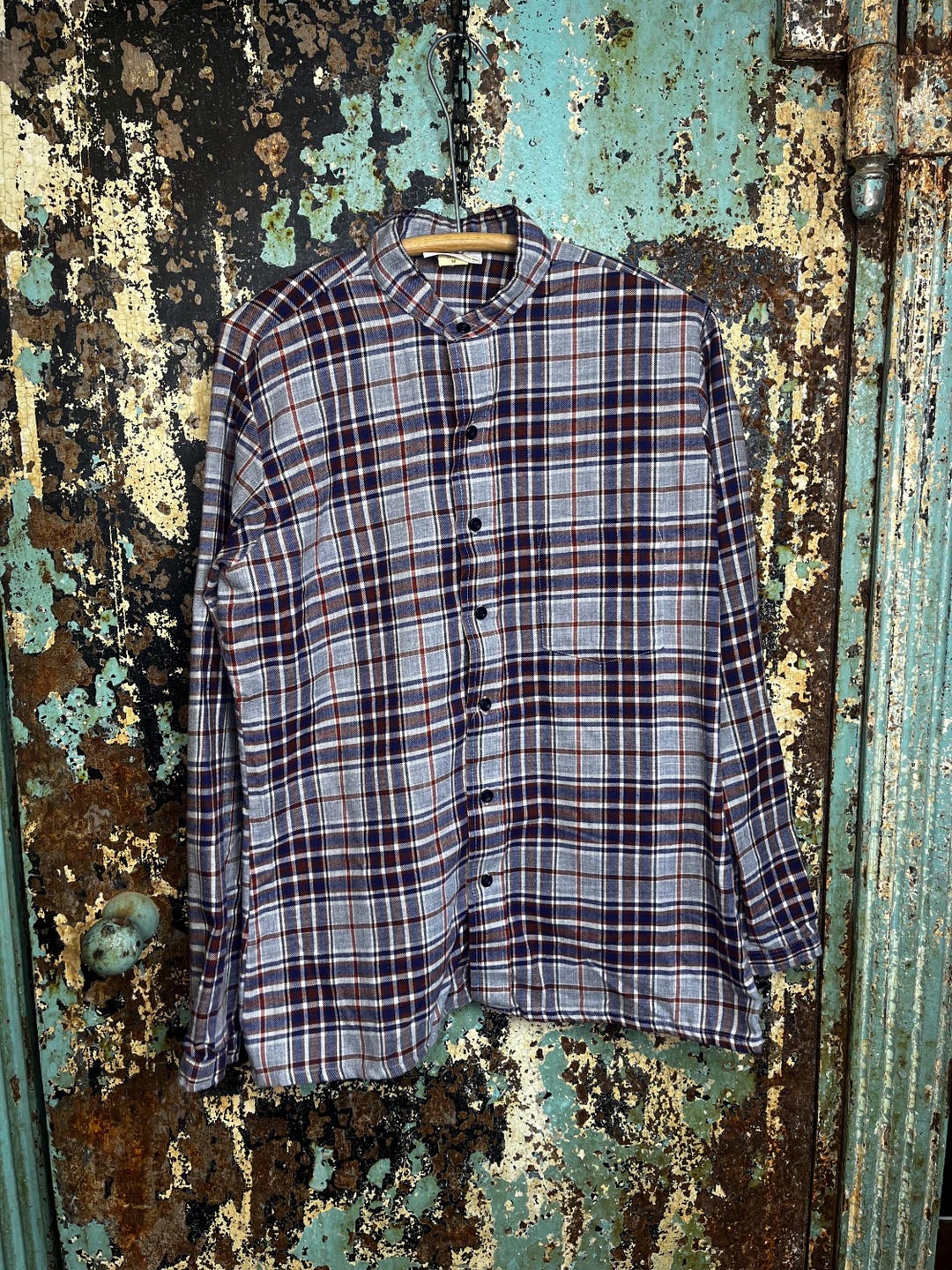 Vintage 1970s Sears Plaid Band Collar Long Sleeve Shirt Medium - Etsy