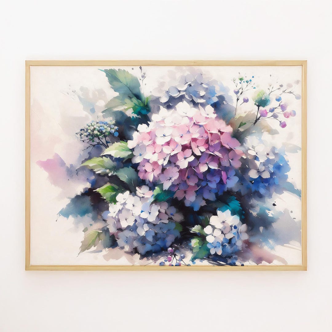 Light Pink Hydrangeas Watercolor Wall Art, Floral Elegance, Romantic ...