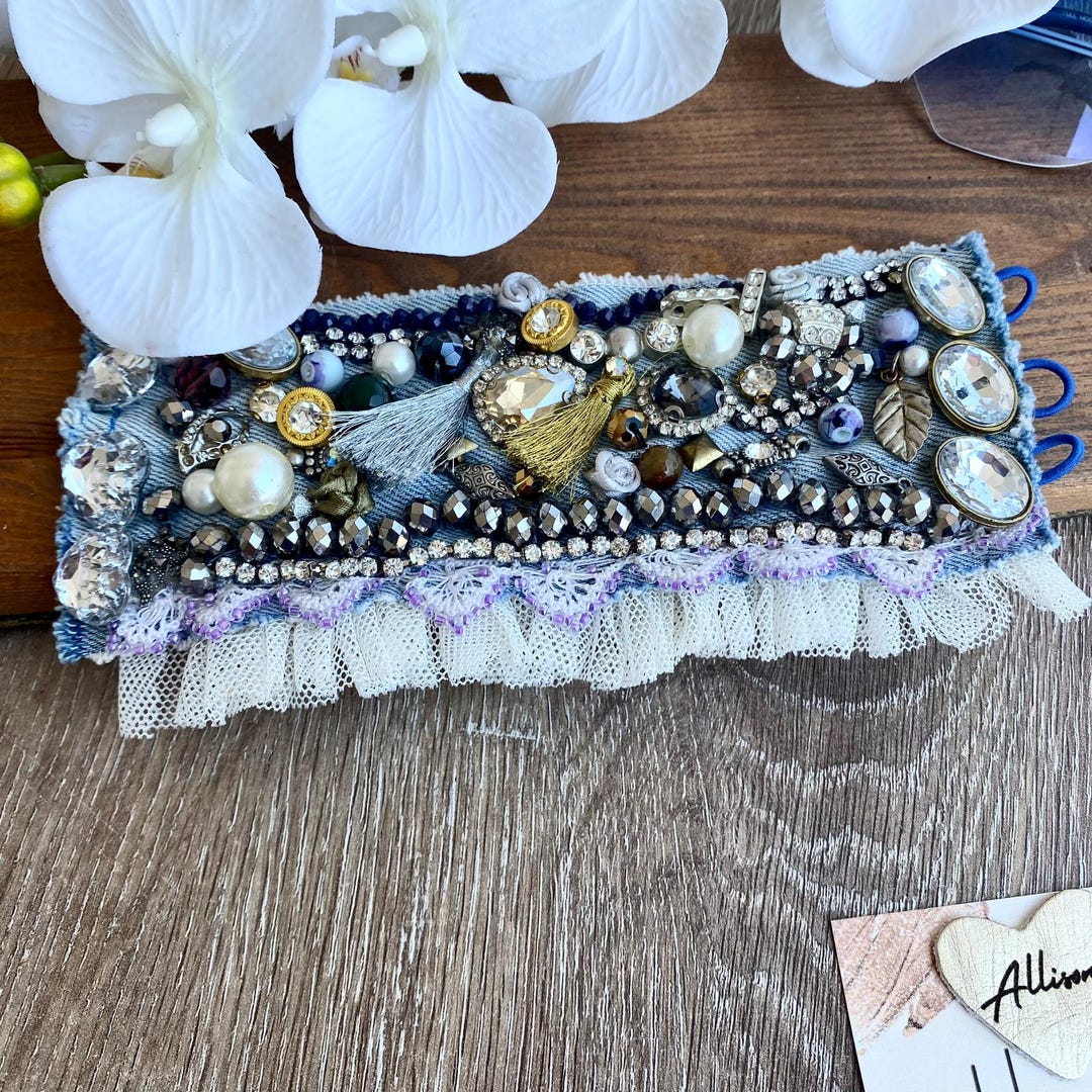 One-of-a-kind Embellished Denim Cuff Bracelet Unique Boho Statement ...