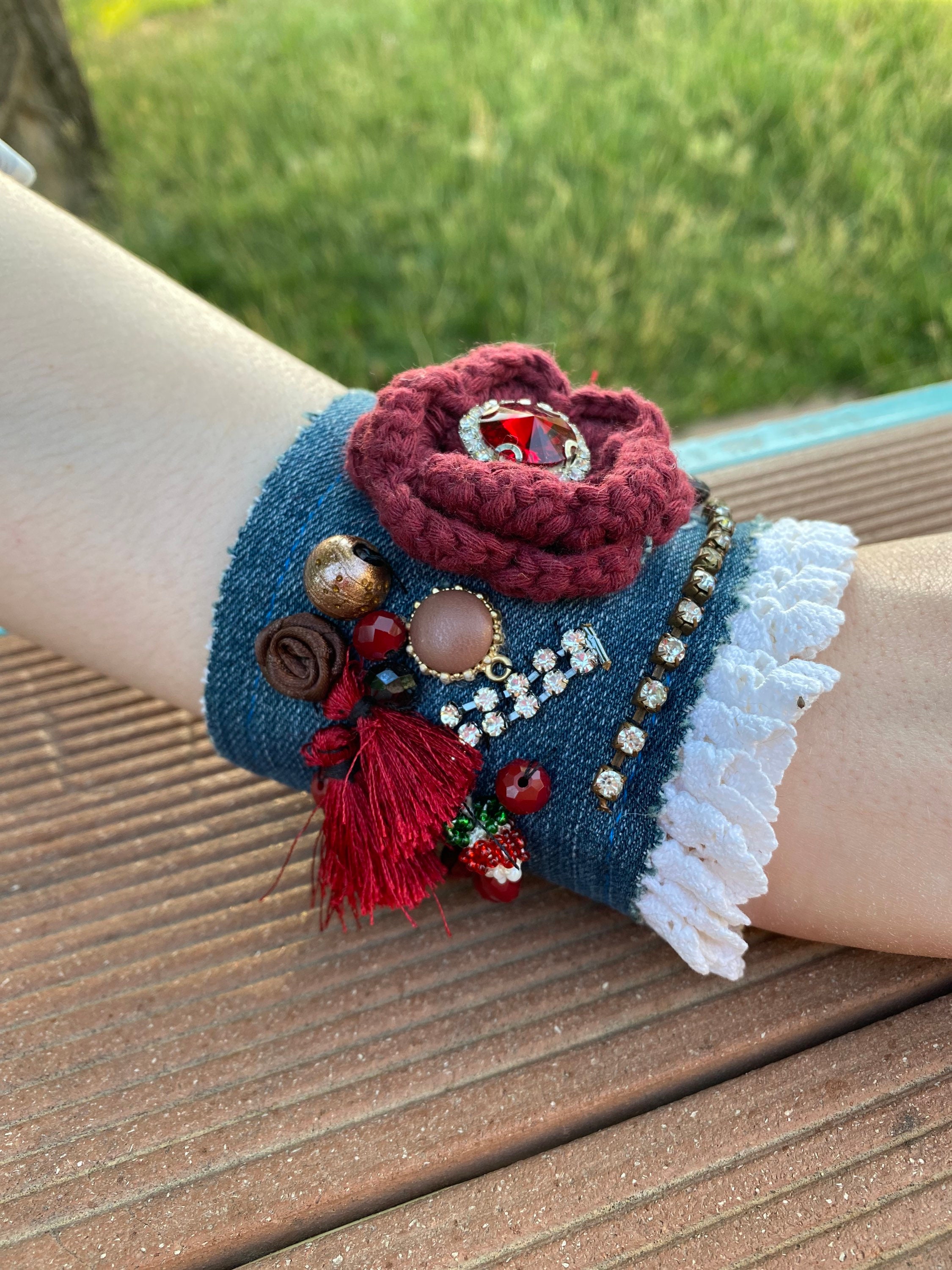 Handmade Cuff Bracelet With Crochet Flower, Bejewelled Denim Cuff ...