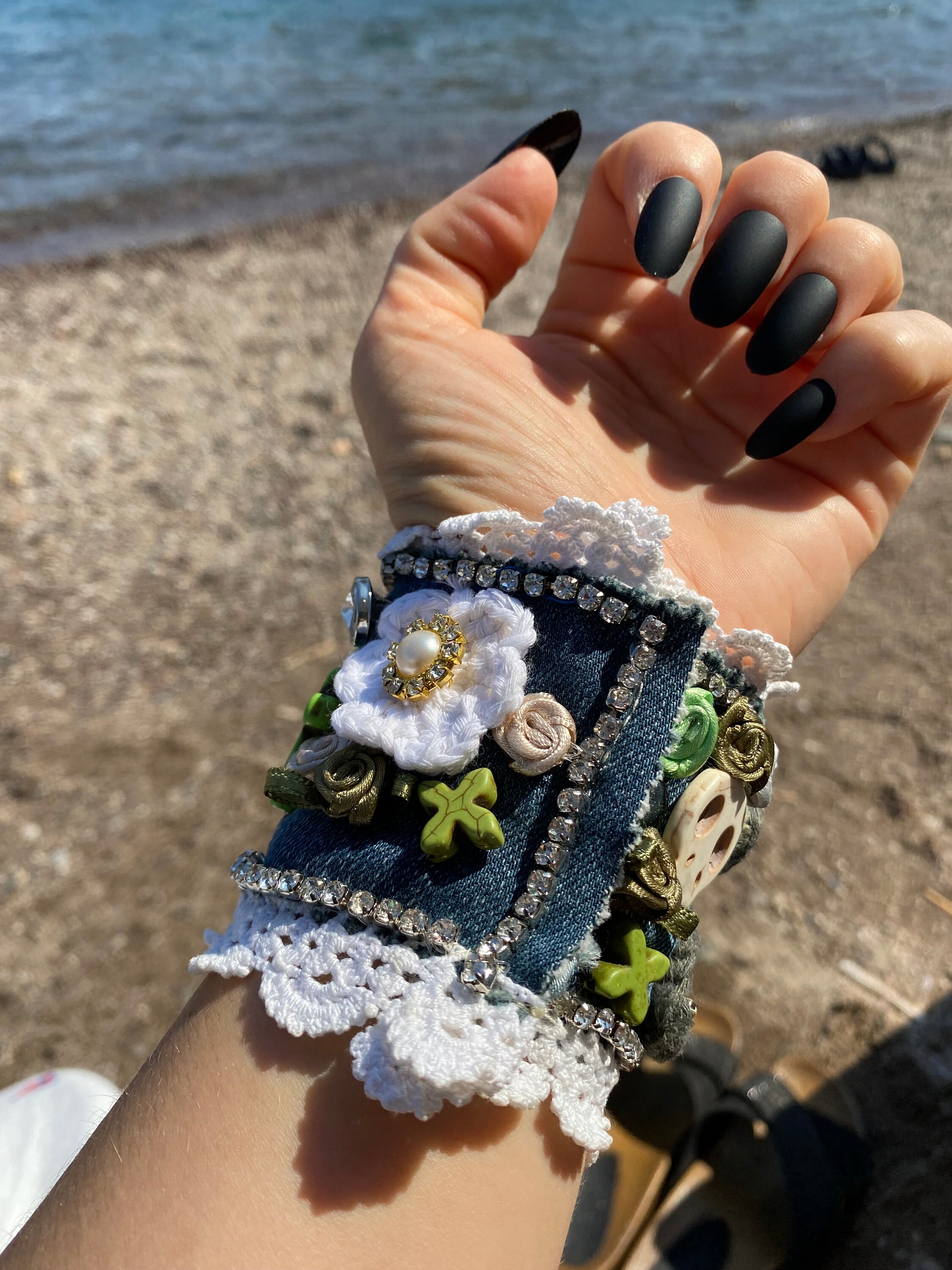 Handmade Cuff Bracelet With Crochet Flower, Bejewelled Denim Cuff ...