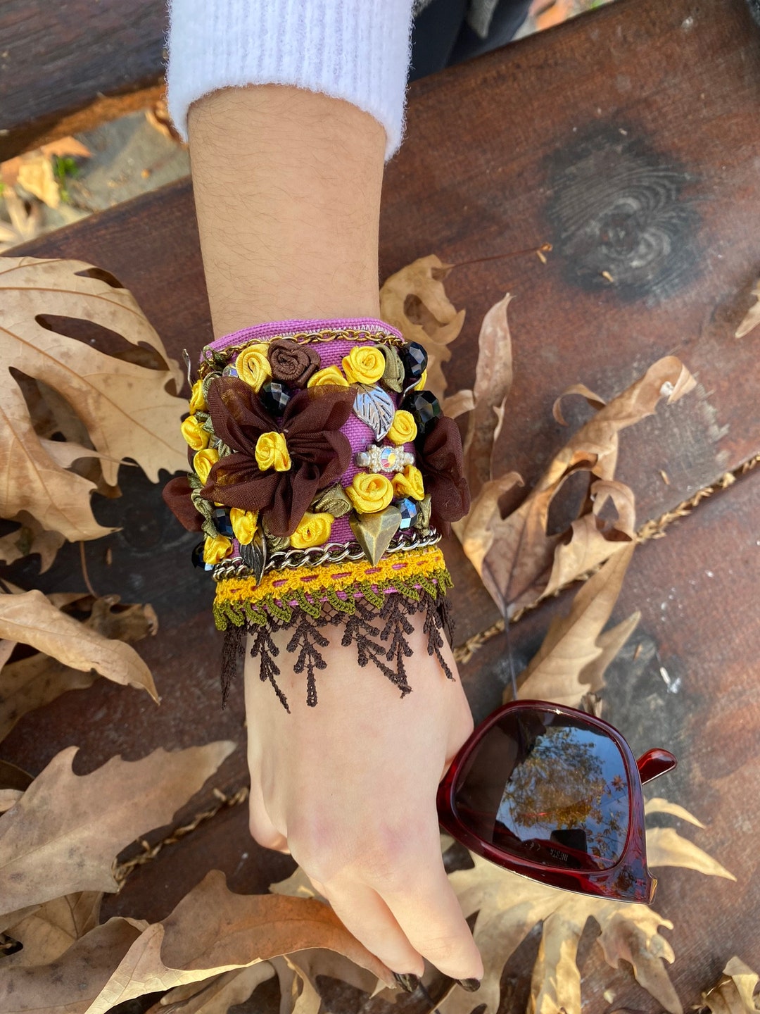 Handcrafted Boho Chic Fabric Cuff Bracelet With Purole and Yellow Satin ...