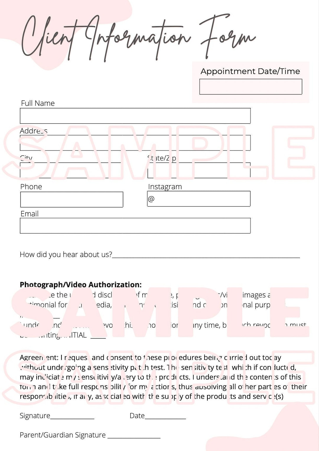 Client Intake Form Brow Lamination & Lash Lift (pink) - Etsy