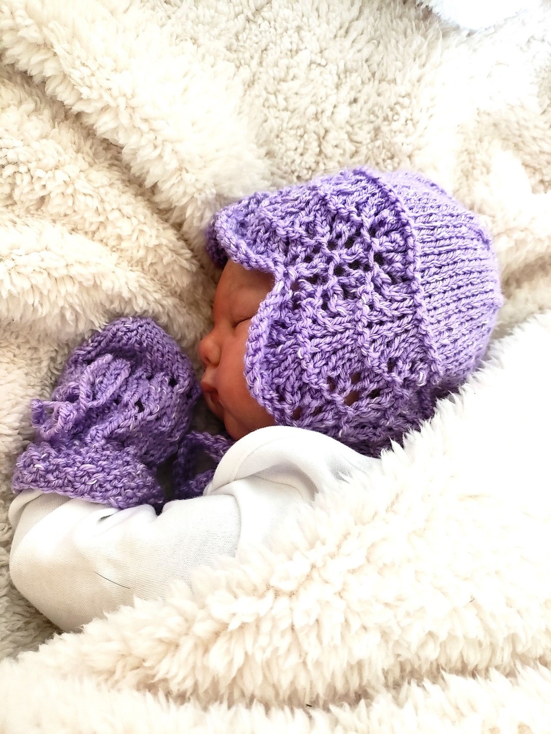 LITTLE CHICK PURPLE Baby Set / Victorian Style Bonnet & Eyelet Mittens ...