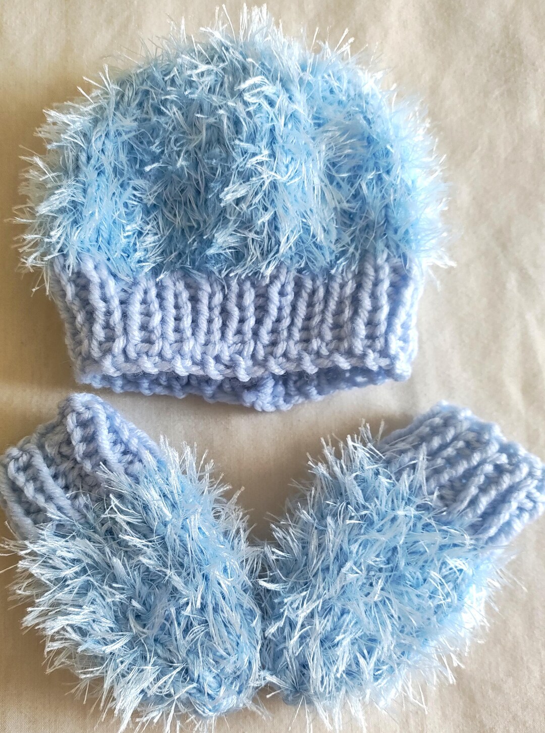 LITTLE LOVE Baby Blue Fluffy Beanie Hat & Mittens Set - Etsy