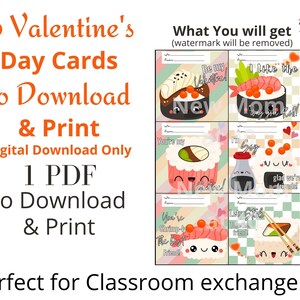Sushi Valentine Card, Digital Download Printable Kids Valentine Handout ...