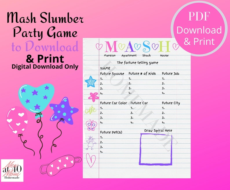 MASH Printable Party Game - Instant Download Bridal Shower Sleepover ...