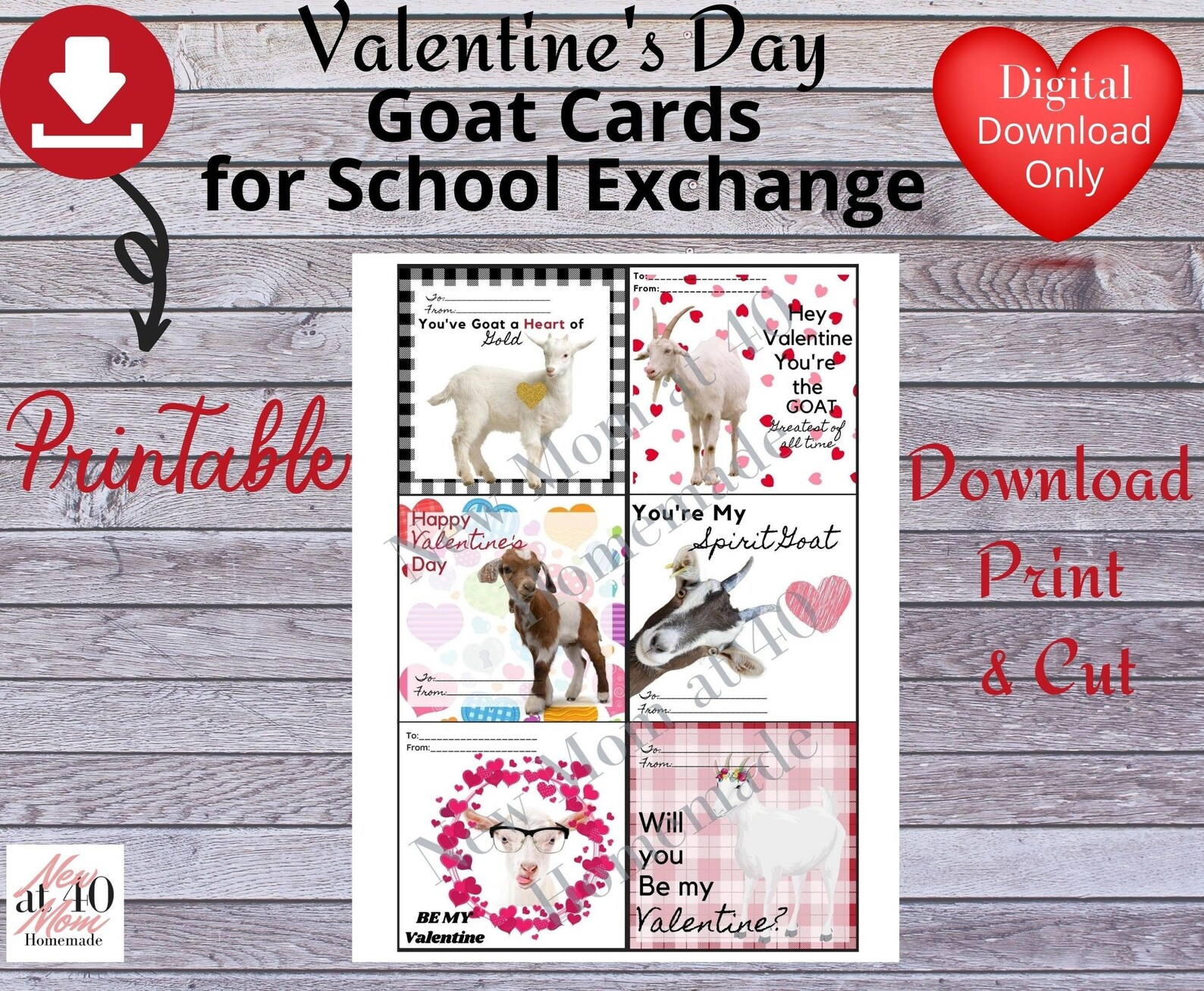 Goat Valentine Card, Digital Download, Goat Valentine Printable, Kids ...