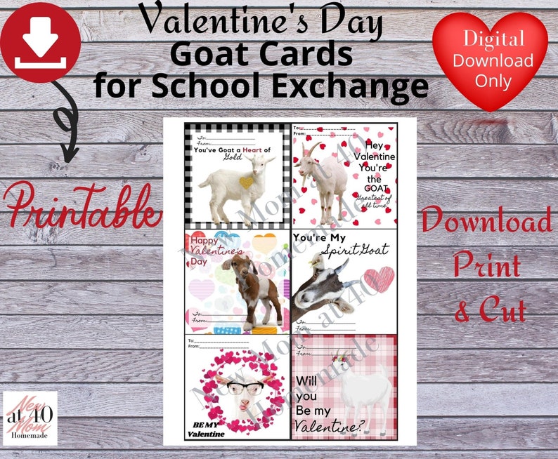 Goat Valentine Card, Digital Download, Goat Valentine Printable, Kids ...