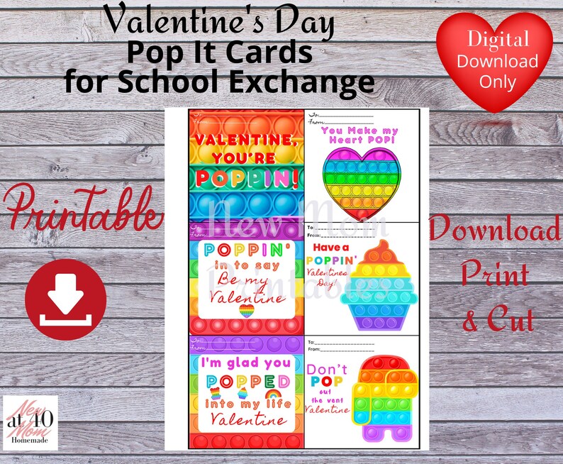 Pop It Fidget Valentine Card, Digital Download Printable Kids Valentine ...