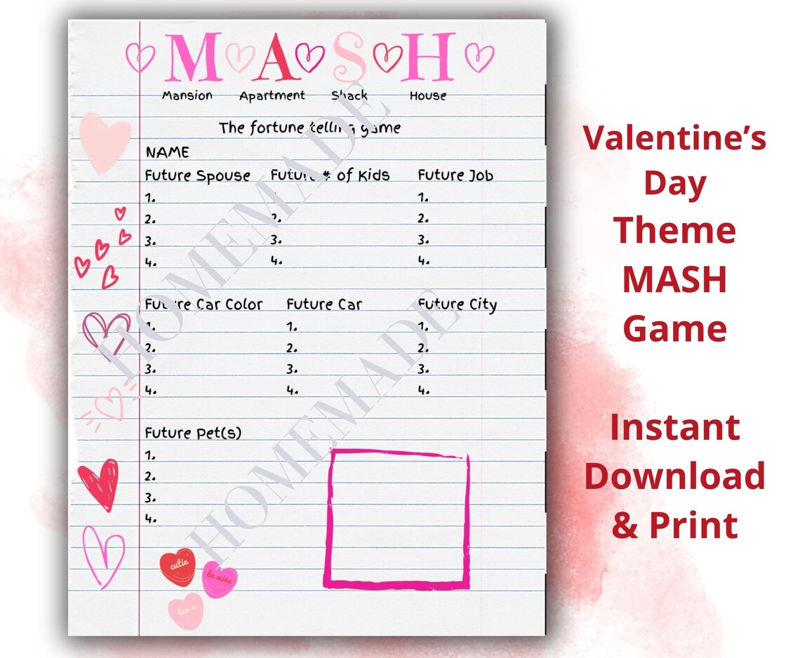 MASH Valentine Themed Printable Party Game - Instant Download Bridal ...