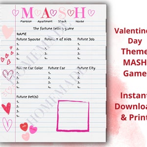 MASH Valentine Themed Printable Party Game - Instant Download Bridal ...