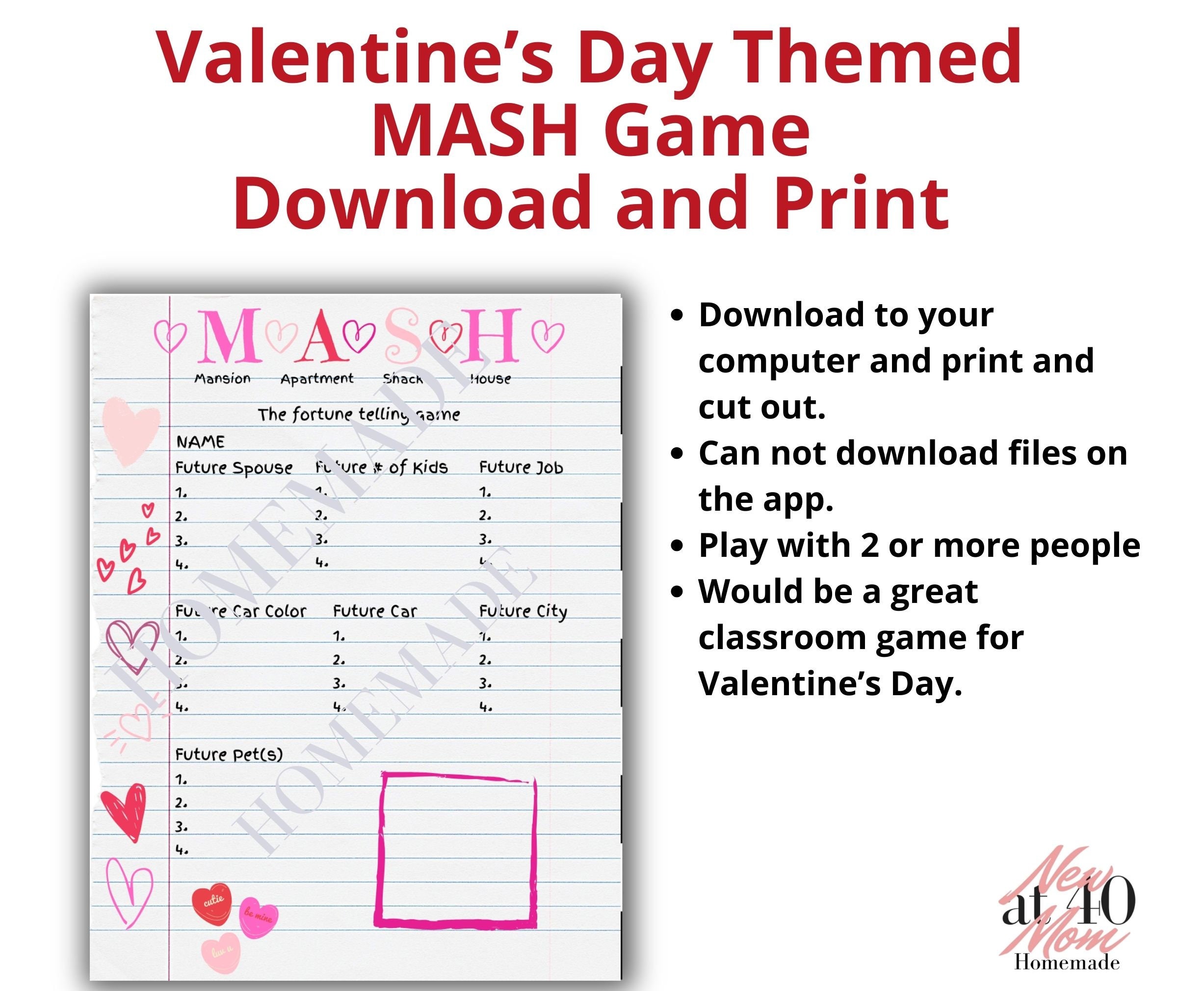 MASH Valentine Themed Printable Party Game - Instant Download Bridal ...