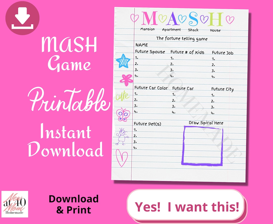 MASH Printable Party Game - Instant Download Bridal Shower Sleepover ...