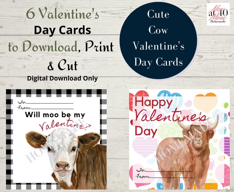 Cow Valentine Card, Digital Download, Cow Valentine Printable, Kids ...