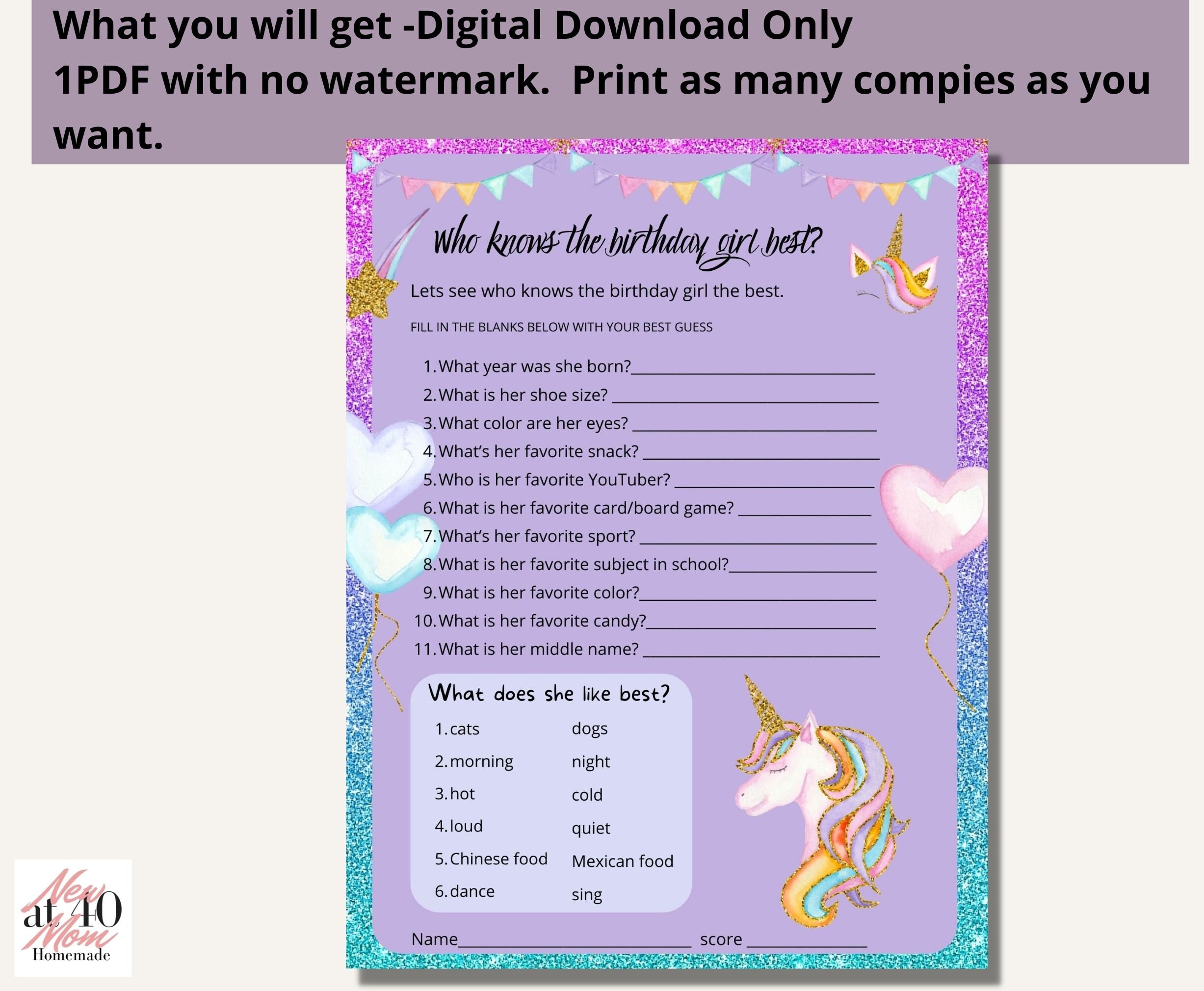Instant Download Who Knows the Birthday Girl Best, Birthday Party Game ...