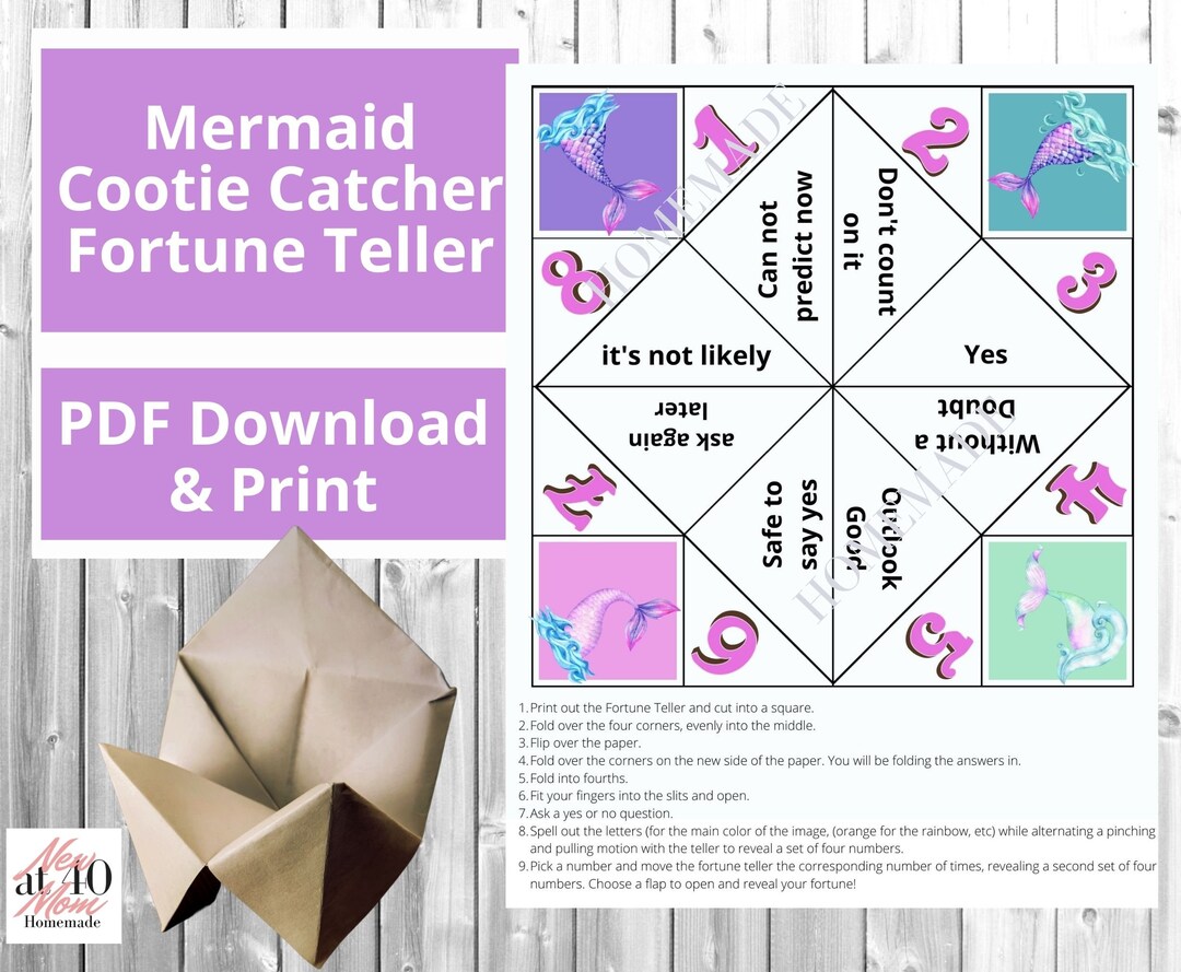 Mermaid Fortune Teller Cootie Catcher, Kids Party Game (printable PDF ...