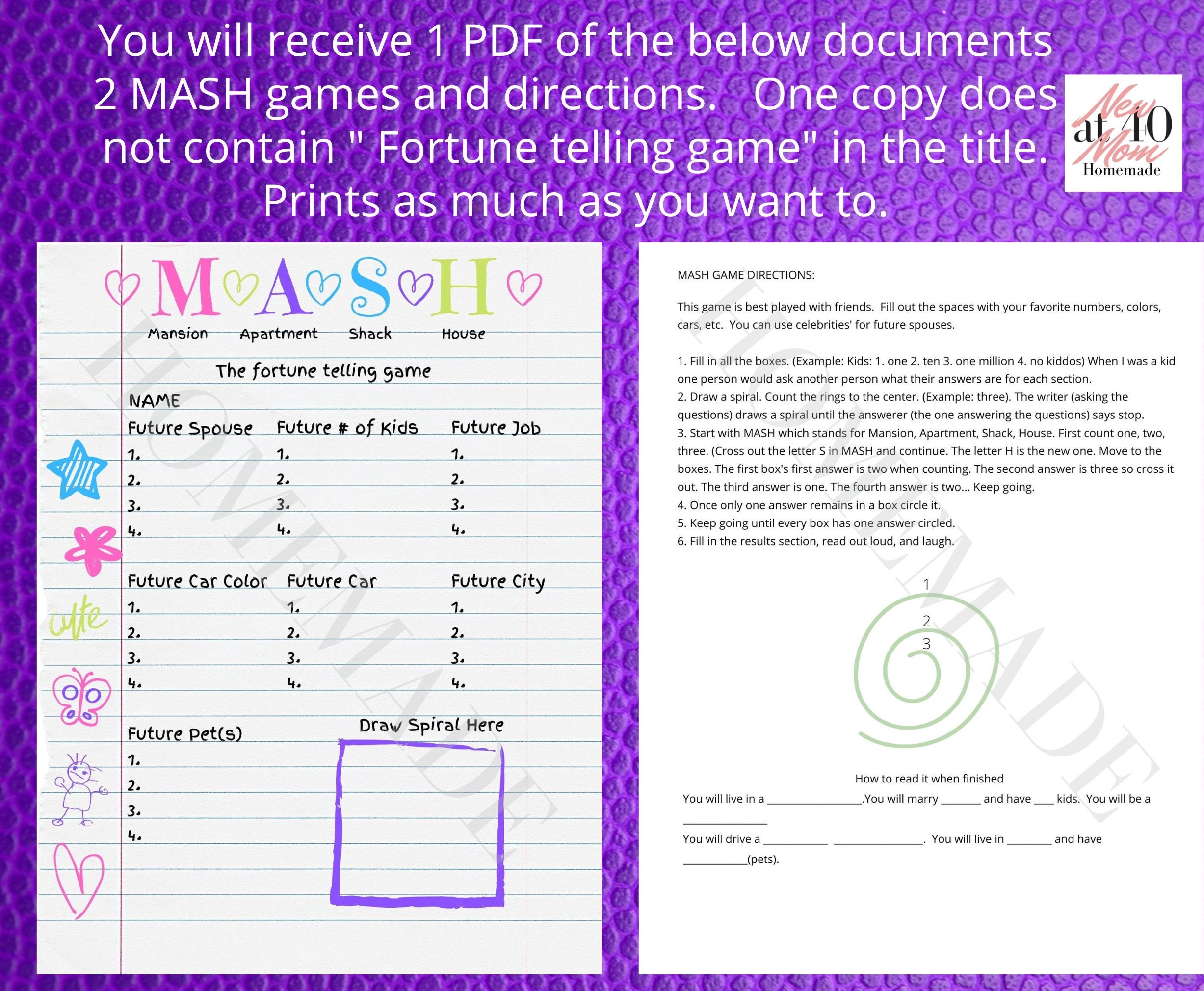 MASH Printable Party Game Instant Download Bridal Shower Sleepover ...