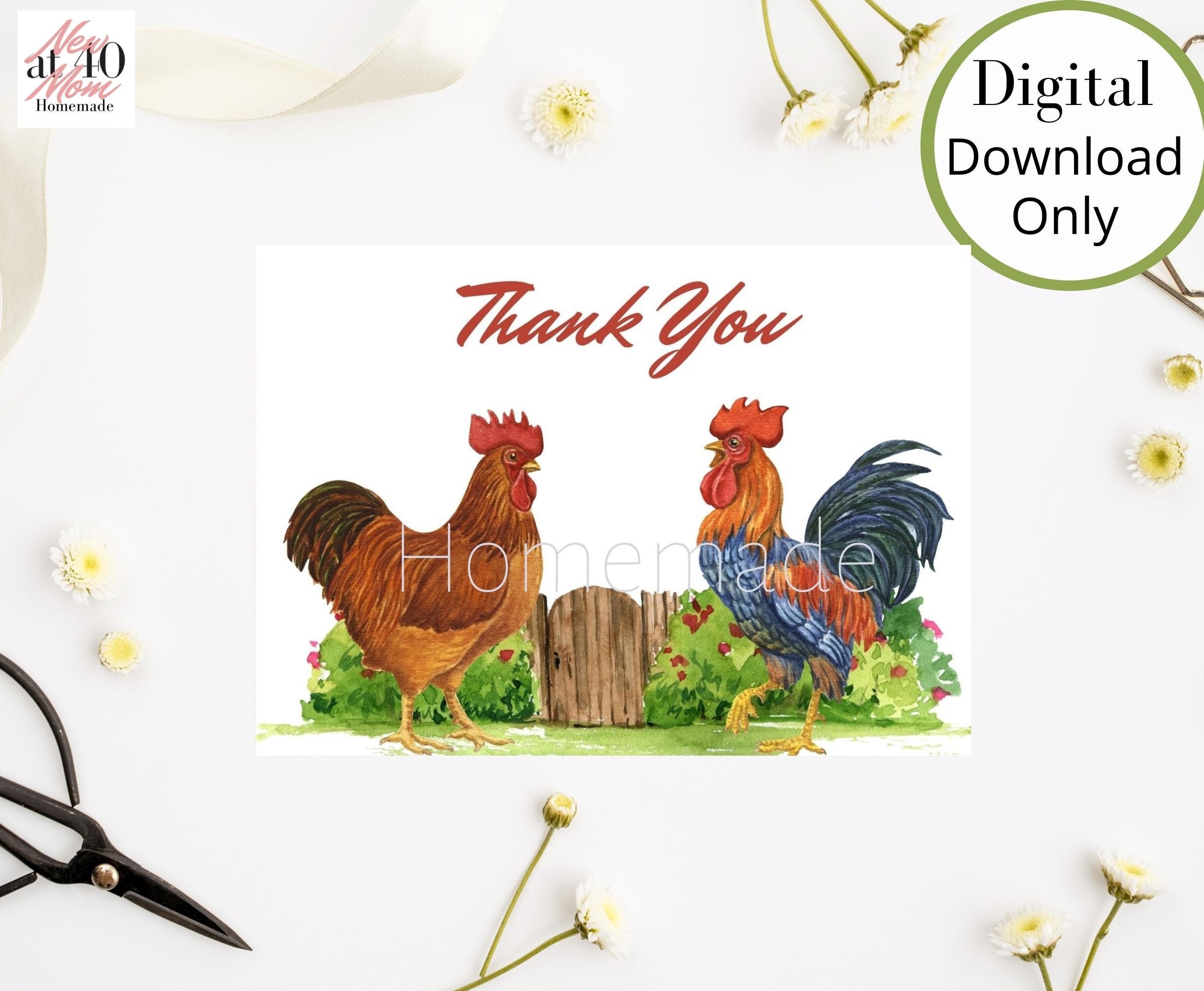 Rooster Thank You Card, Printable Roosters Thank You Card, Rooster Card ...