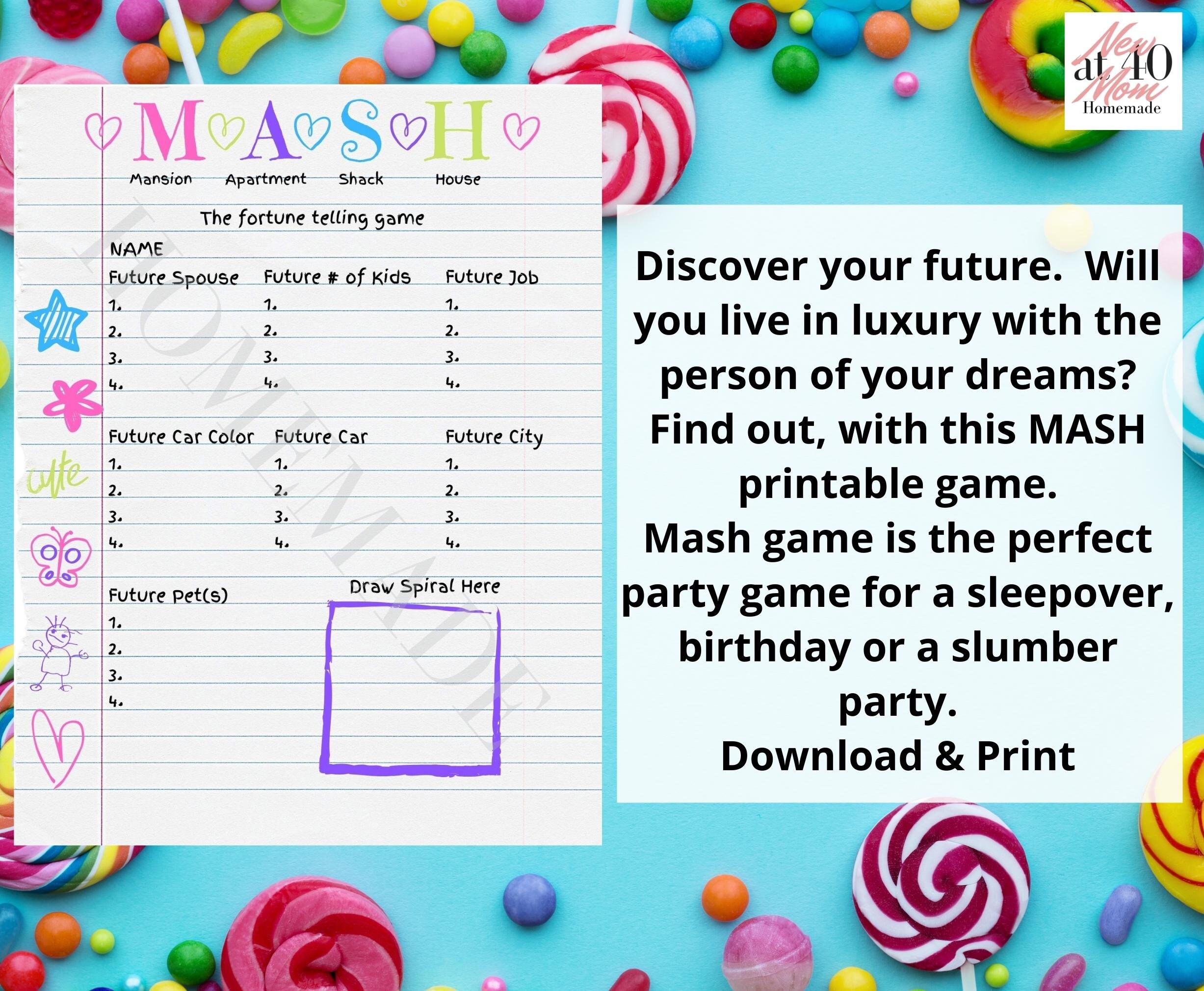 MASH Printable Party Game Instant Download Bridal Shower Sleepover ...