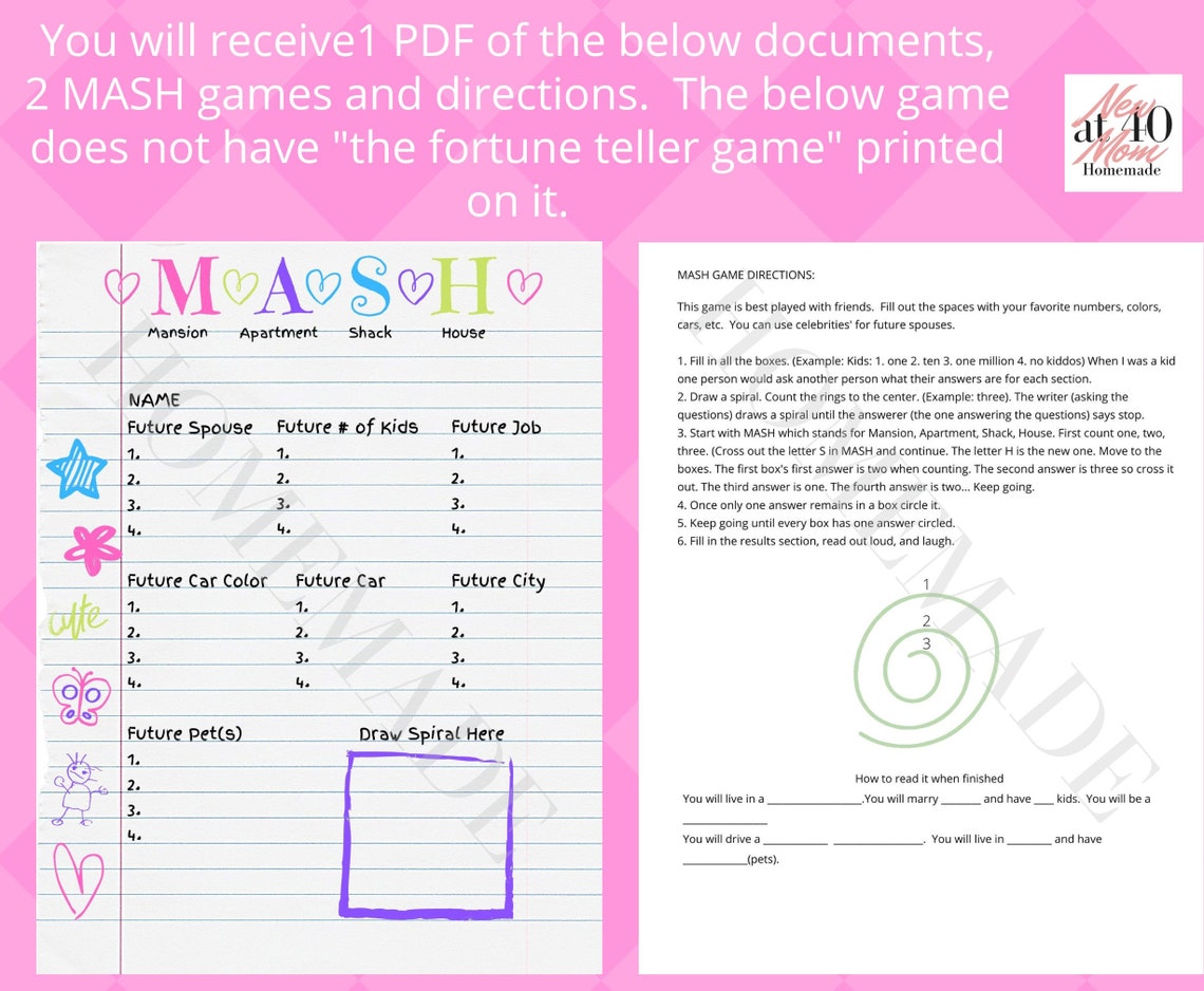 MASH Printable Party Game Instant Download Bridal Shower Sleepover ...