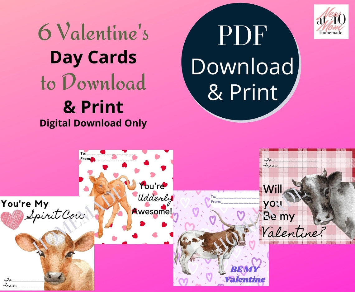 Cow Valentine Card, Digital Download, Cow Valentine Printable, Kids ...
