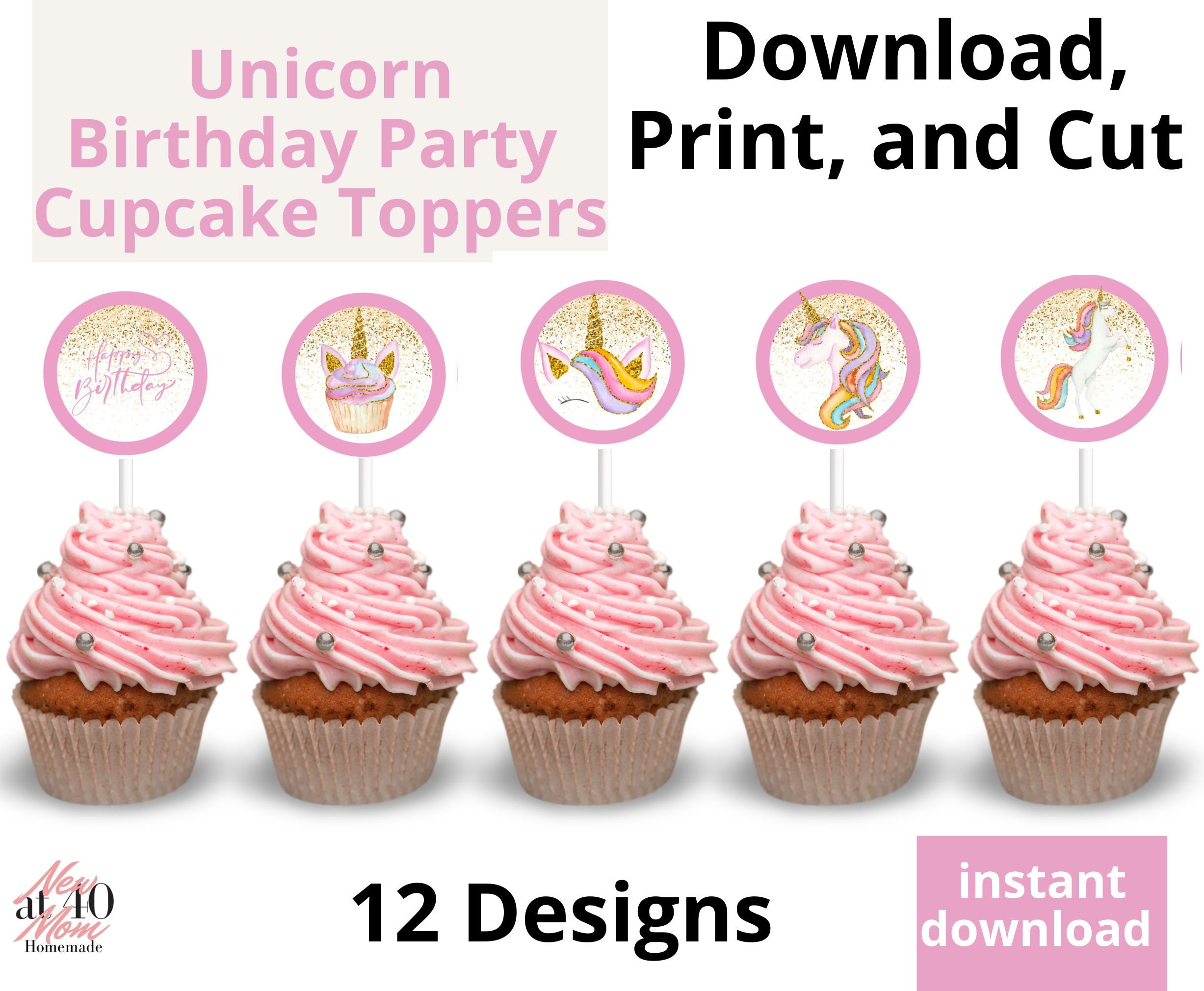Digital Download And Print Pink And Gold Unicorn Cupcake Toppers